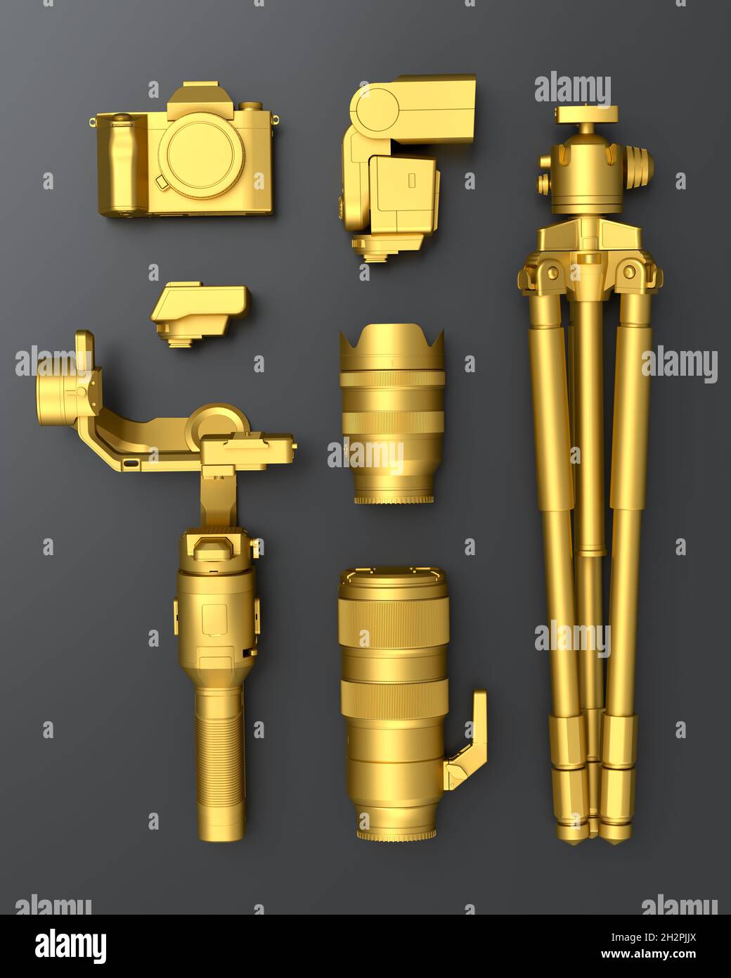 Top view of gold designer workspace and gear like nonexistent DSLR ...