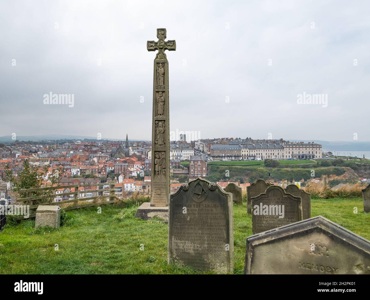 Whitby, North Yorkshire, UK – October 18 2021. Caedmon’s Cross located ...