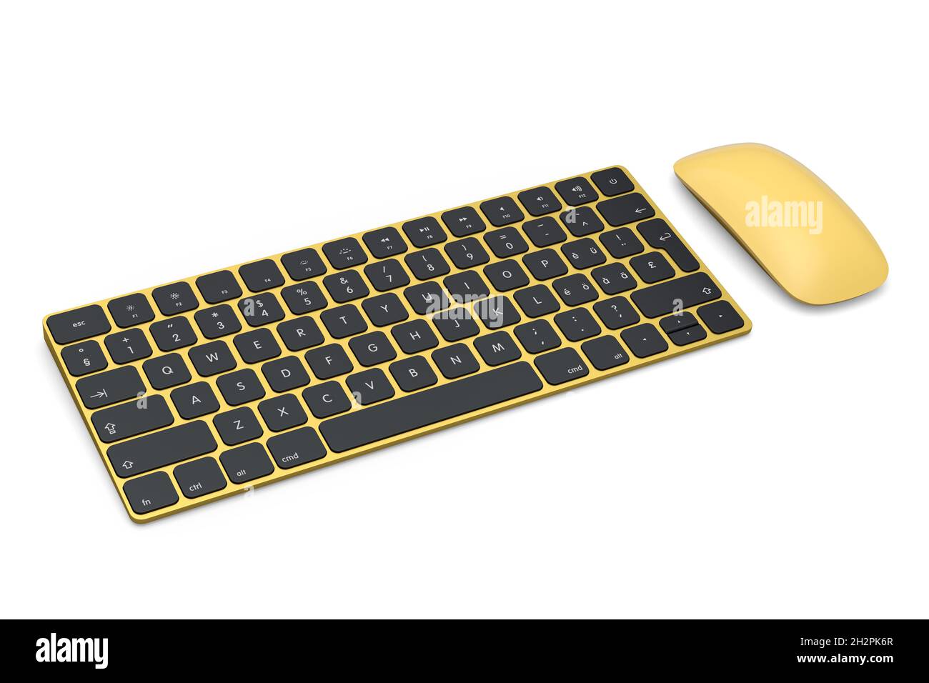 Modern gold aluminum computer keyboard and mouse isolated on white ...