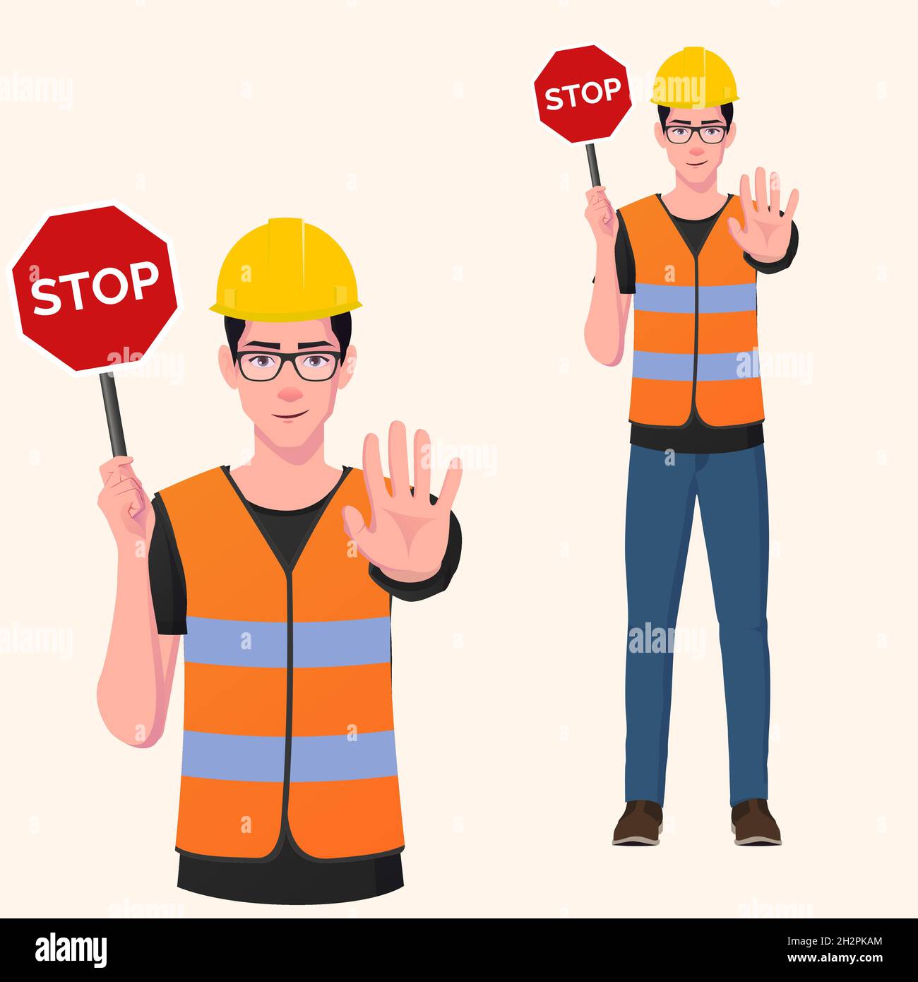 Construction Worker Holding Stop Sign Vector Illustration Stock Vector ...