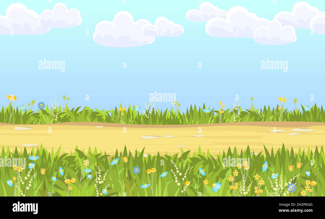 Seamless sandy road. Horizontal border composition. Summer meadow ...