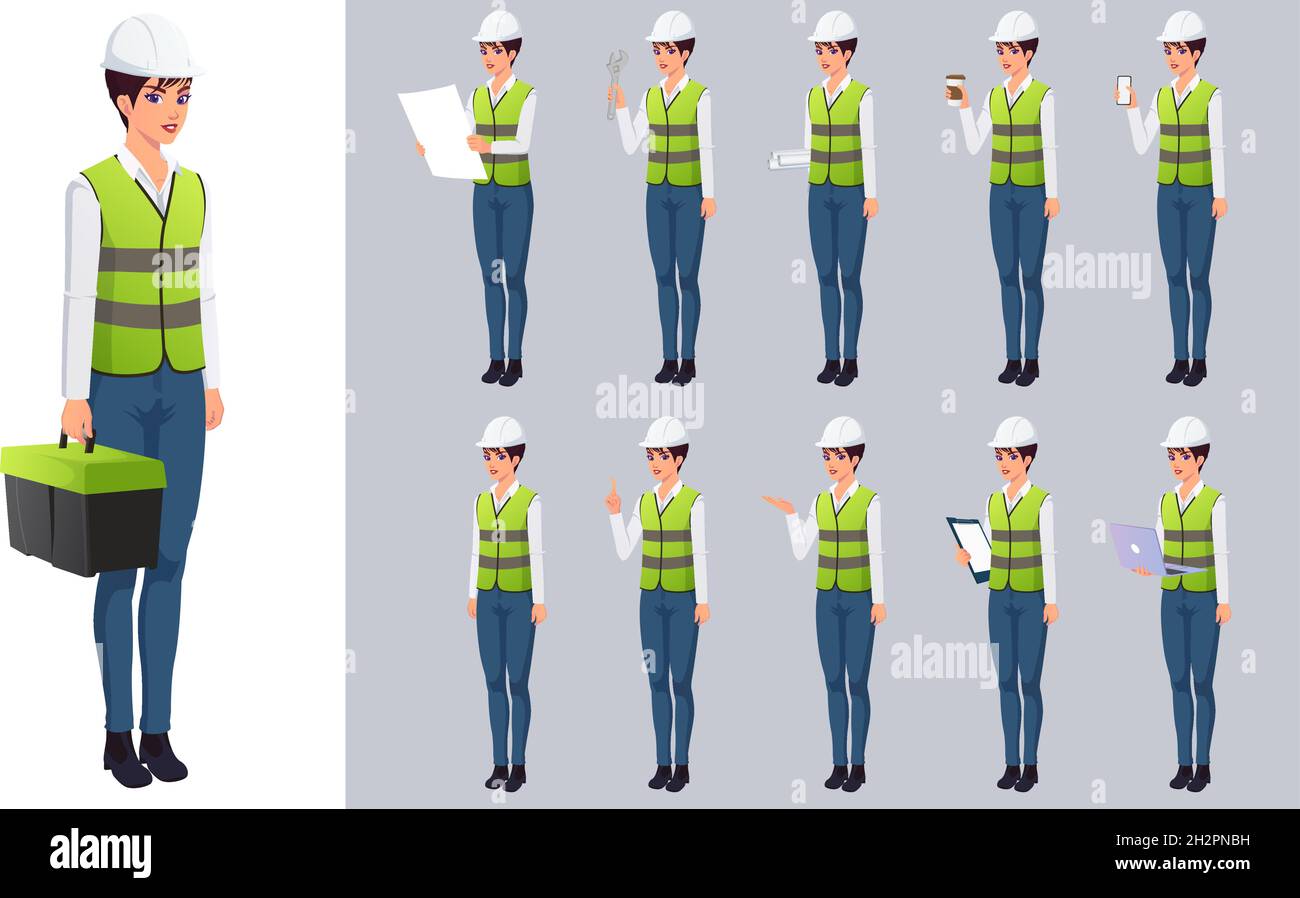 Female Construction Worker, Engineer Character Set With Different Poses ...