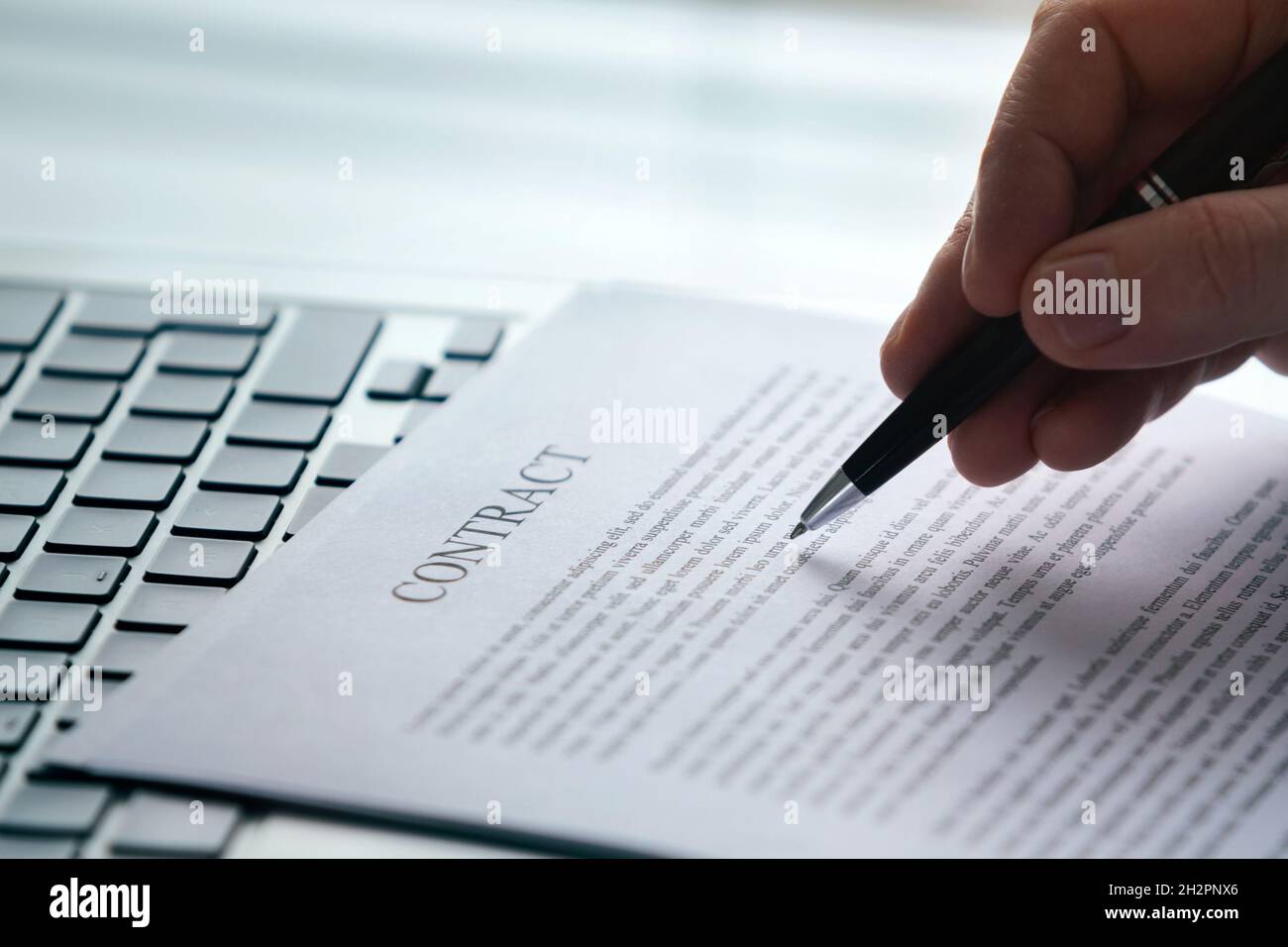 contract reading, legal advice, business agreement printed document and ...