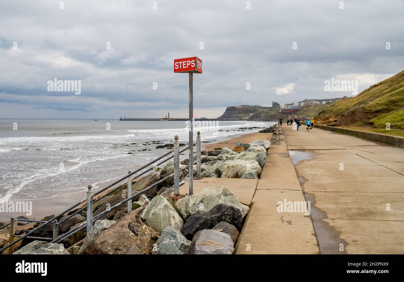 Steps sign identifying the stairway from Whitby promenade or esplanade ...