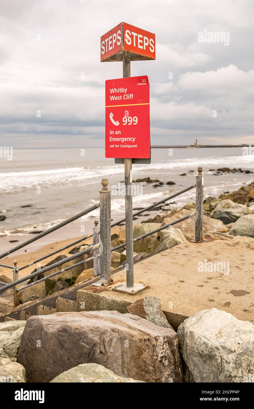 Whitby, North Yorkshire, UK – October 17 2021. Steps sign identifying ...