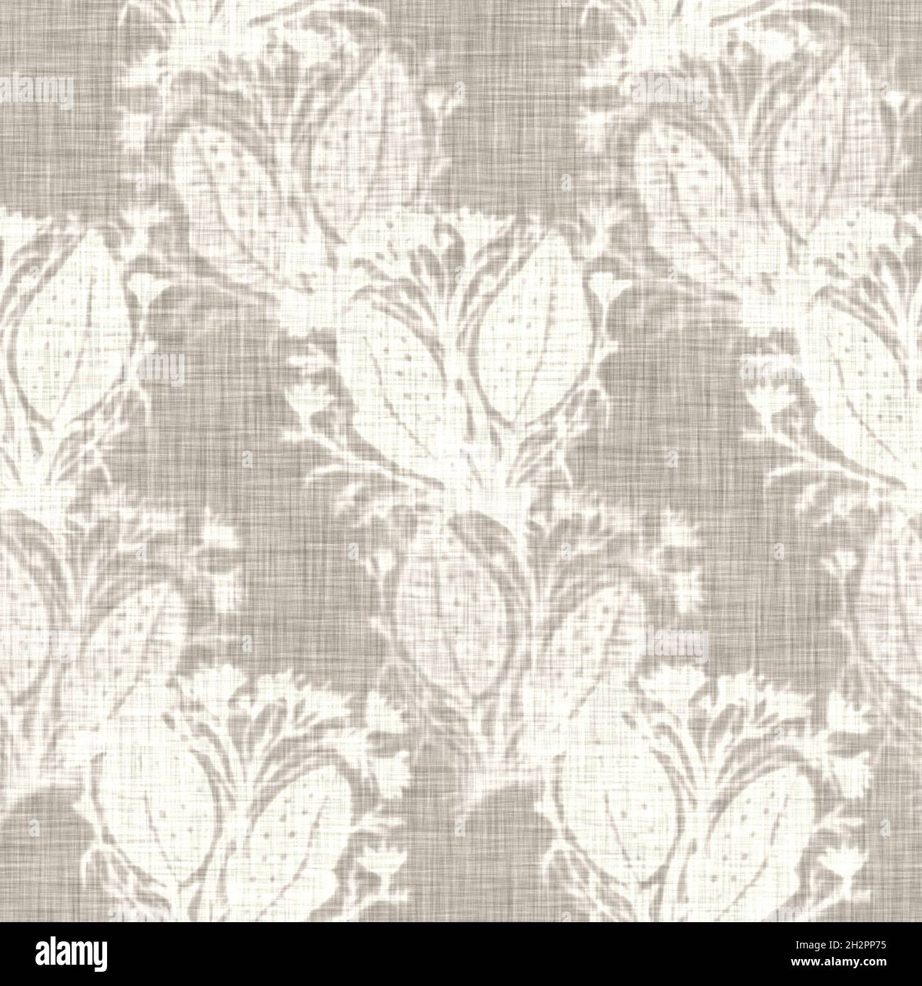 Hand drawn grey flower motif linen texture. Whimsical garden seamless ...