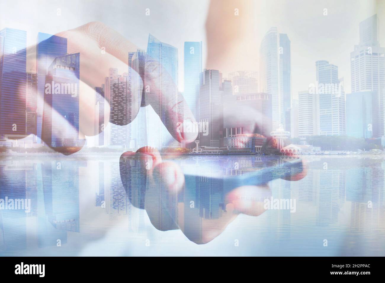 internet communication technology double exposure, hands using ...
