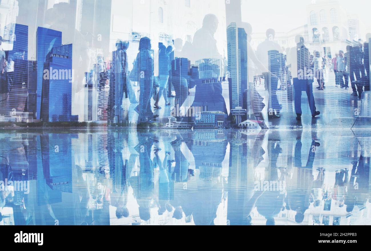 crowd of business people double exposure, innovation blue banner ...