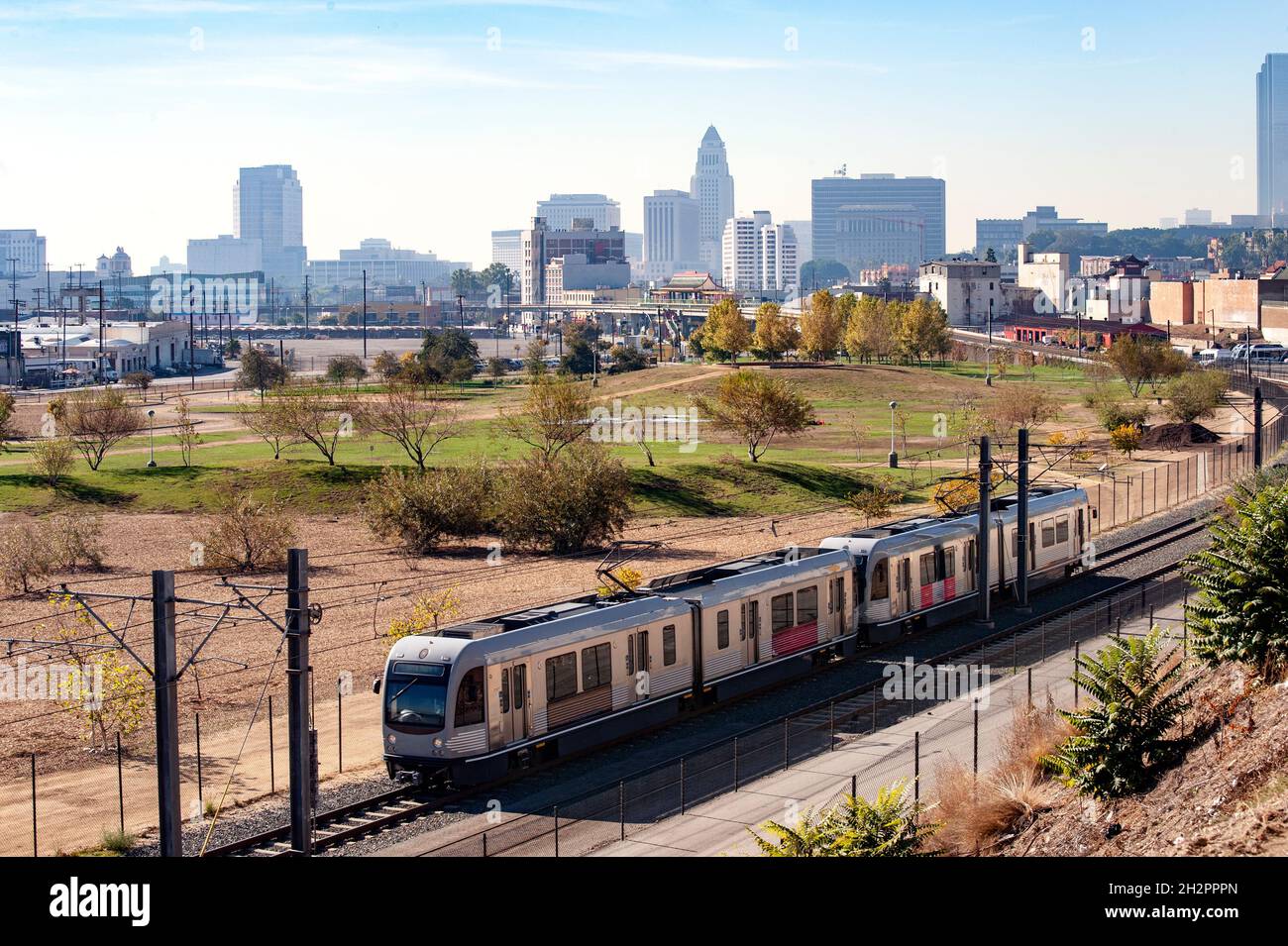 Metro gold-line train heading towards downtown Los Angeles Stock Photo ...