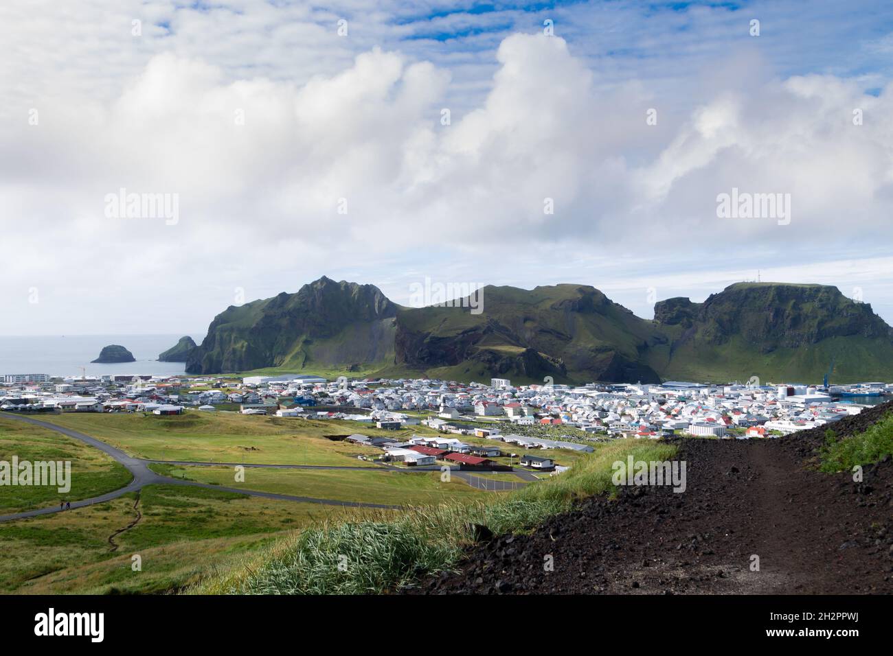 Heimaey town aerial view from Eldfell volcano. Iceland landscape ...