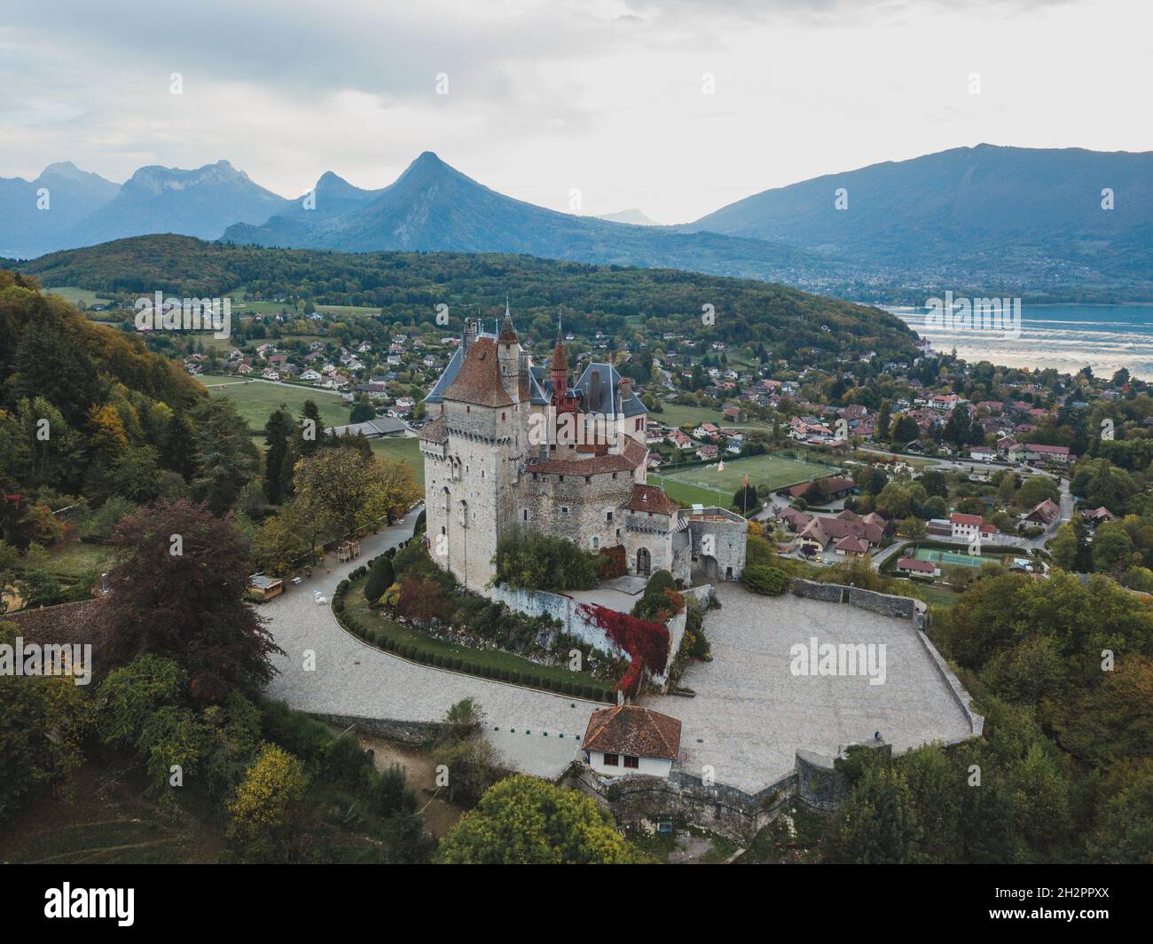 Medieval castle Chateau de Menthon-Saint-Bernard in Europe near Annecy ...