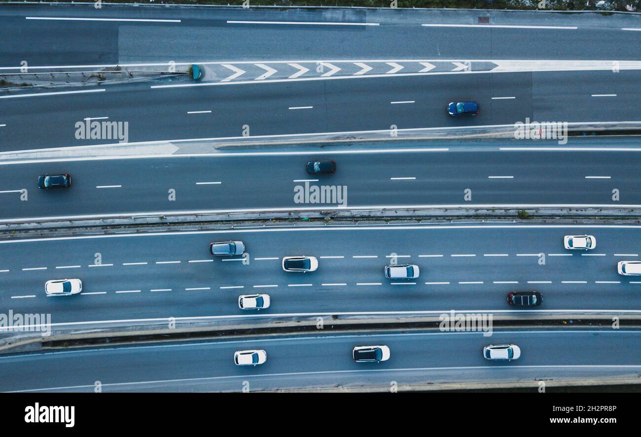 transportation, big city road, aerial top down view of cars on busy ...