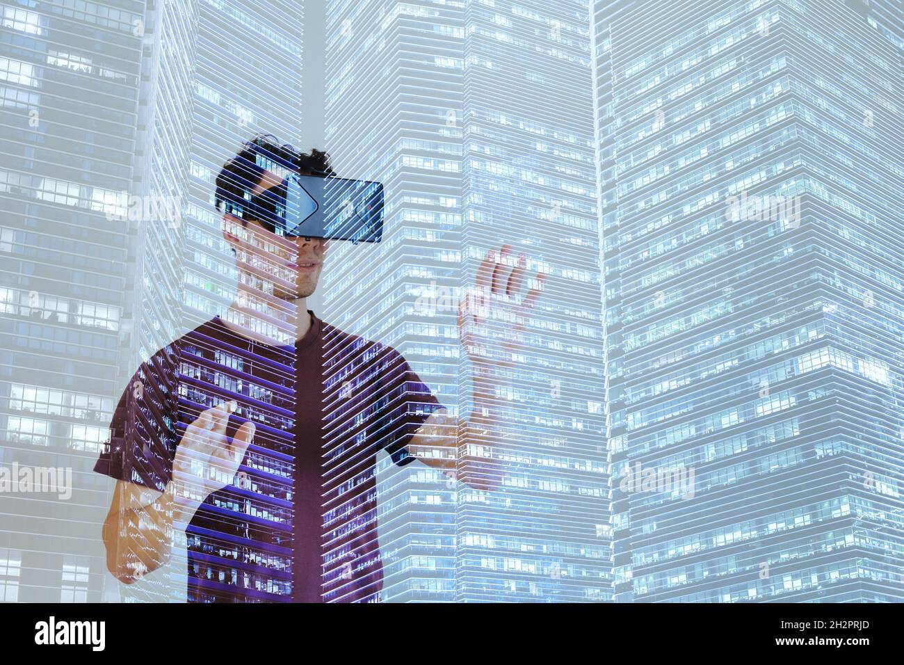 virtual reality, man wearing VR glasses double exposure, digital world ...