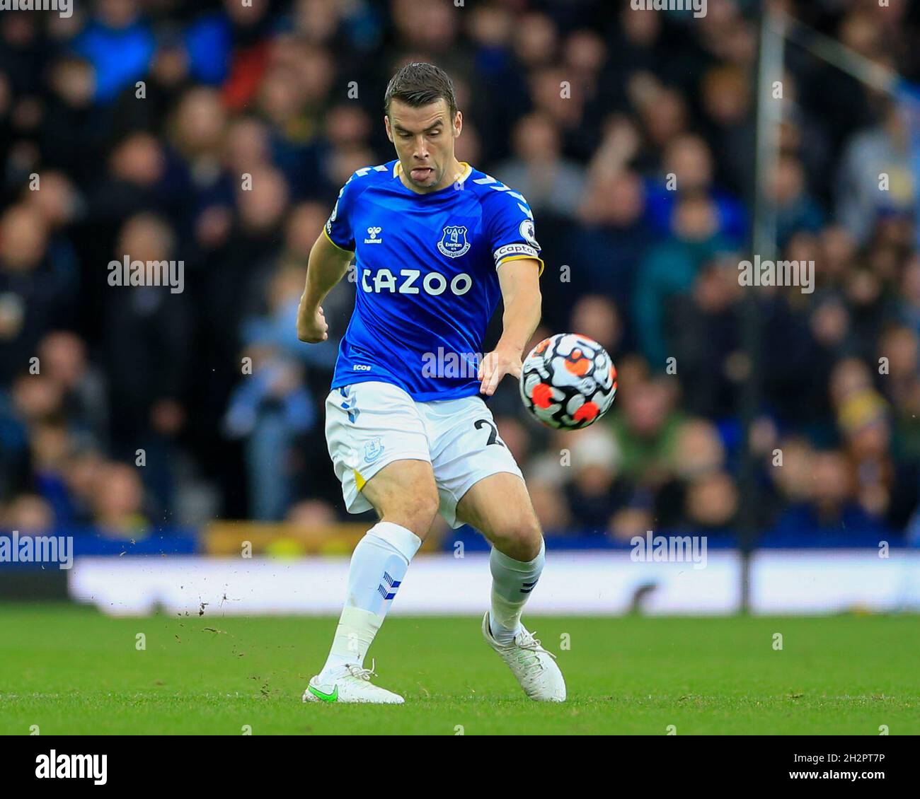 Liverpool, UK. 23rd Oct, 2021. Seamus Coleman #23 of Everton passes the ...