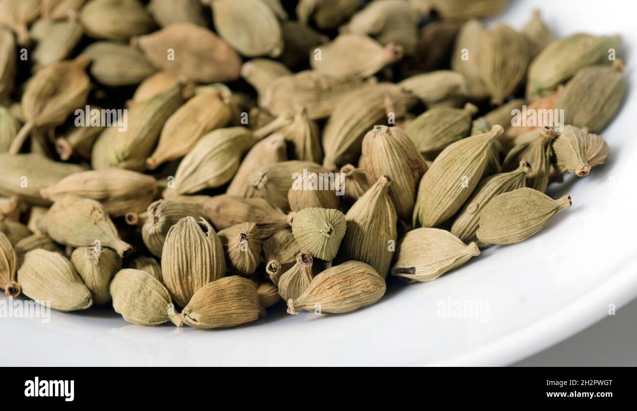 Cardamom in a white bowl. Close-Up Stock Photo - Alamy