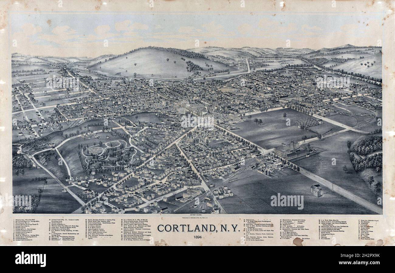 Bird's eye vintage map of Cortland, New York Stock Photo - Alamy
