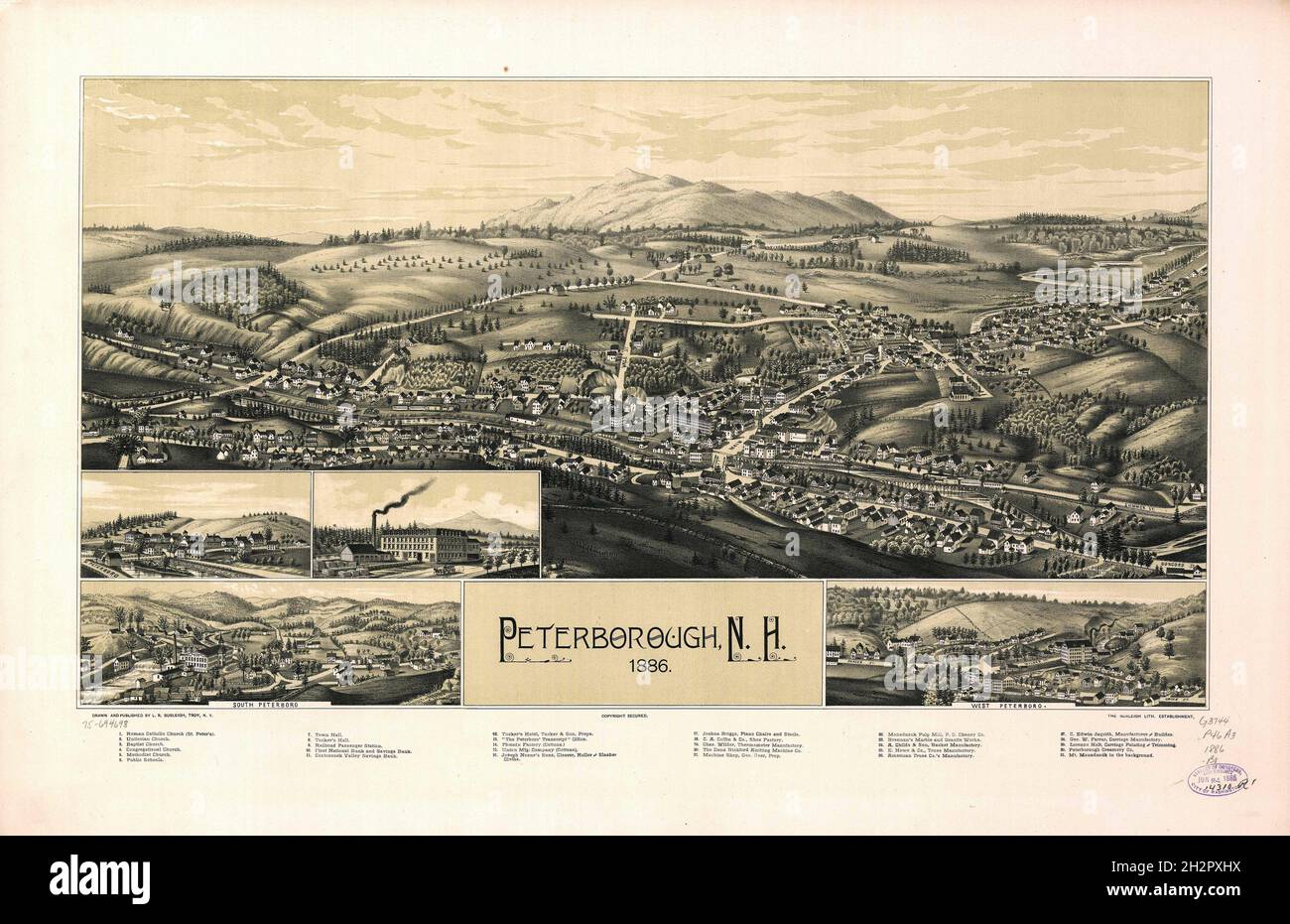 Bird's eye view map of Peterborough, New Hampshire 1886 Stock Photo - Alamy