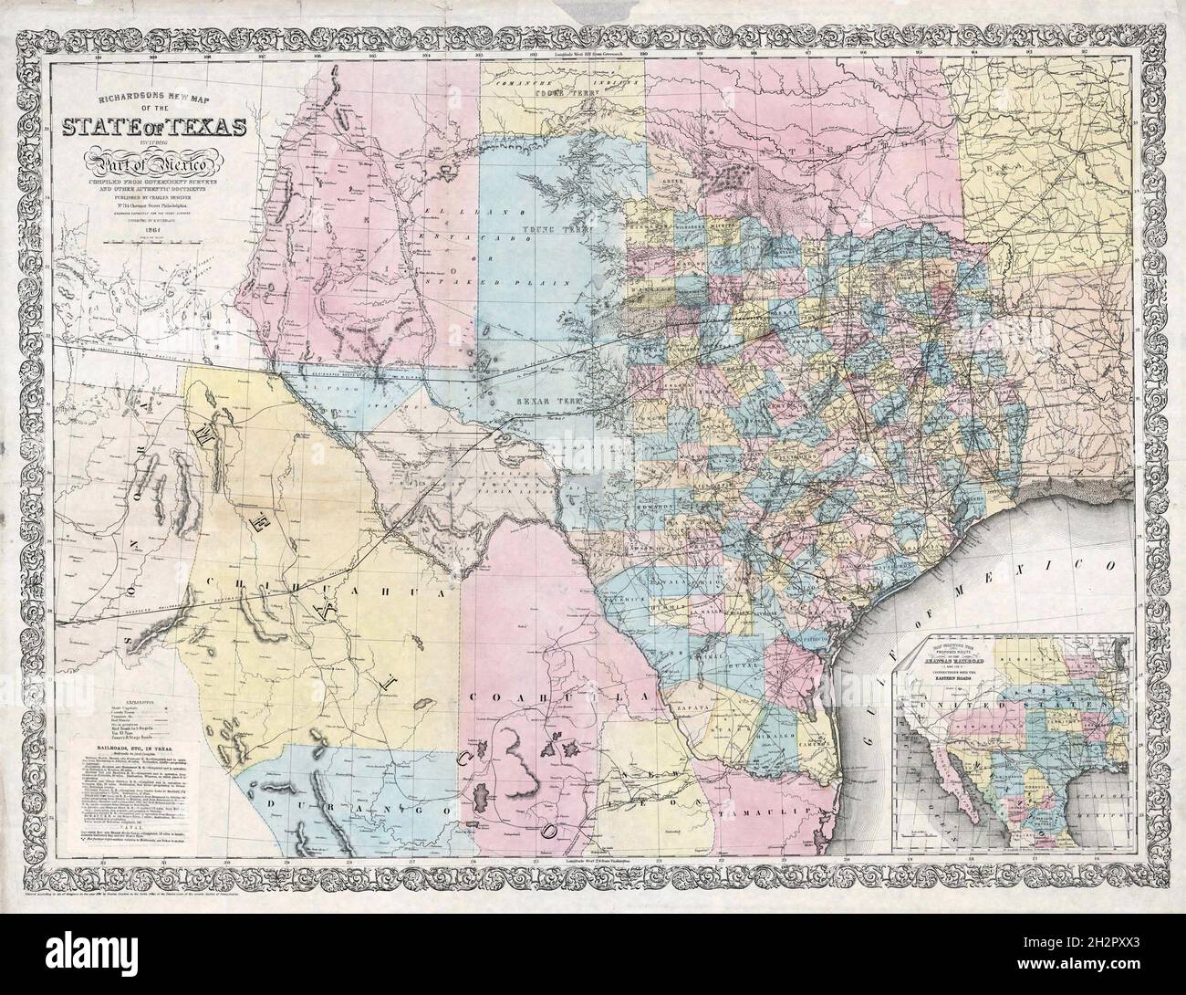 Illustration of the old 19th-century map of Texas,USA Stock Photo - Alamy