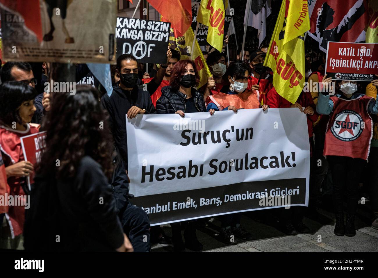 Istanbul, Turkey. 23rd Oct, 2021. Demonstrators holding banners, flags ...