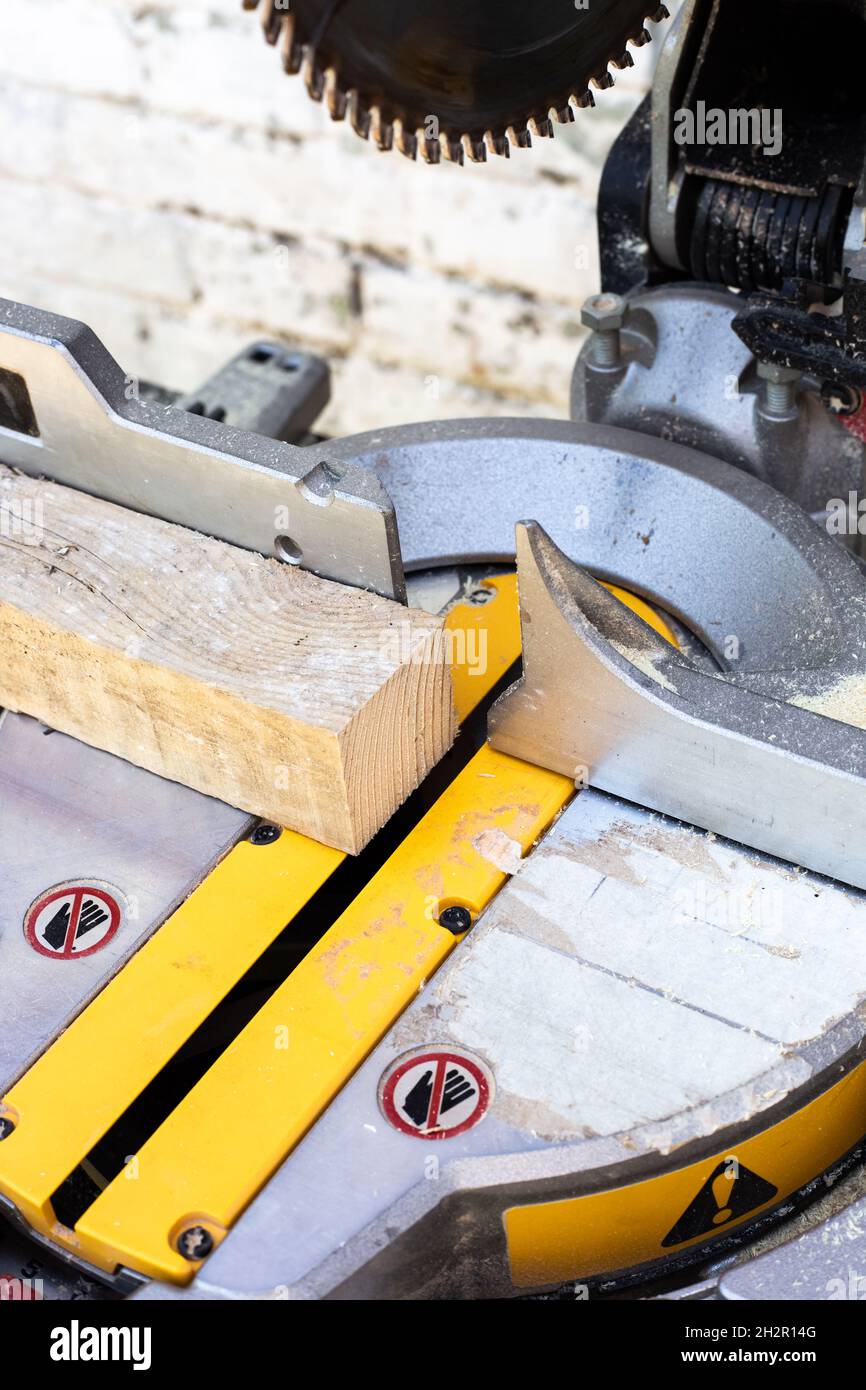 Woodworking Machine. Circular miter saw with a sharp blade. Making ...