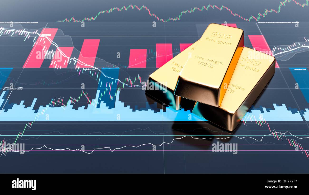 3d illustration of fine gold bars with candle stick chart showing the ...