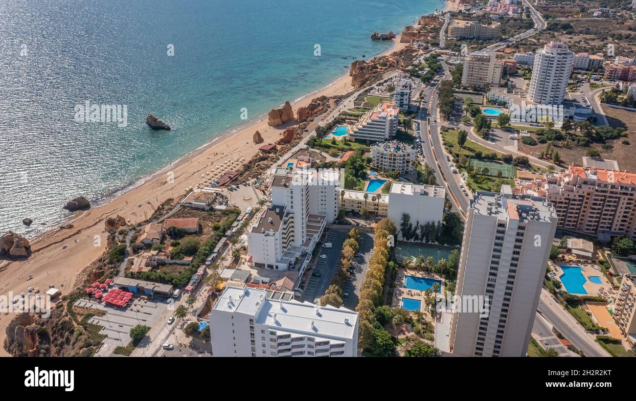 Aerial view of the city of Portimao over residential buildings, high ...