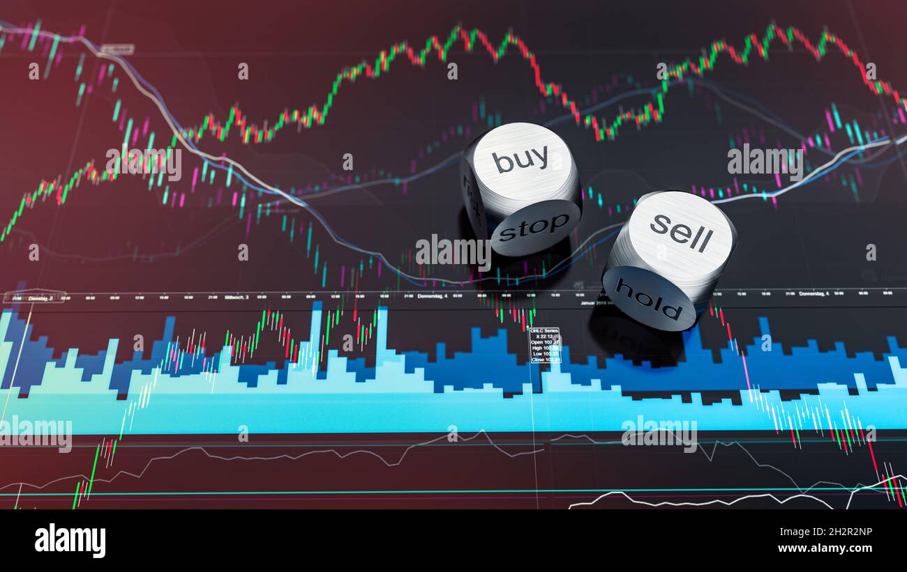 3d illustration of stock dice with candle stick chart showing the risk ...