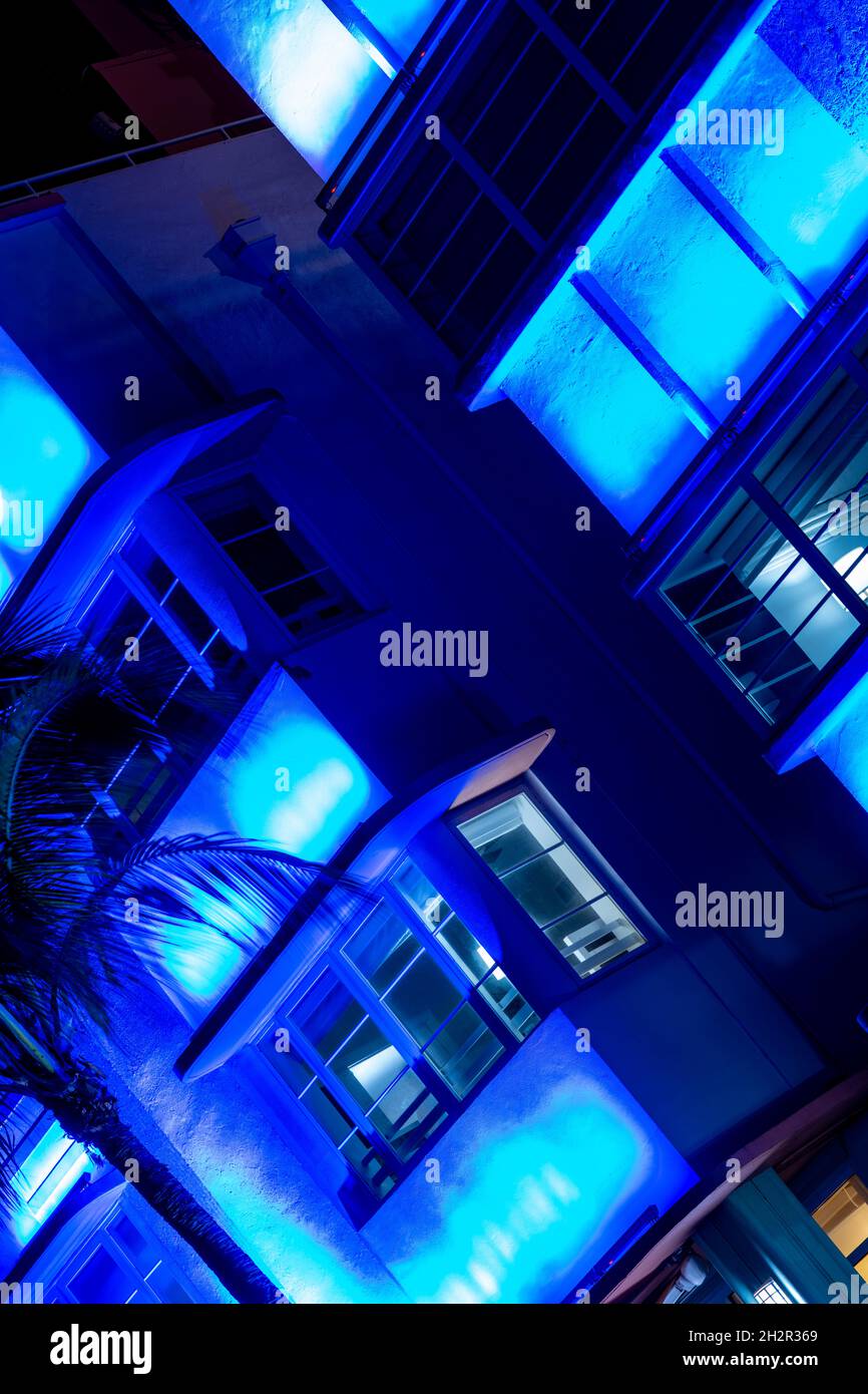 Blue neon lights Miami Beach Ocean Drive art deco Stock Photo - Alamy