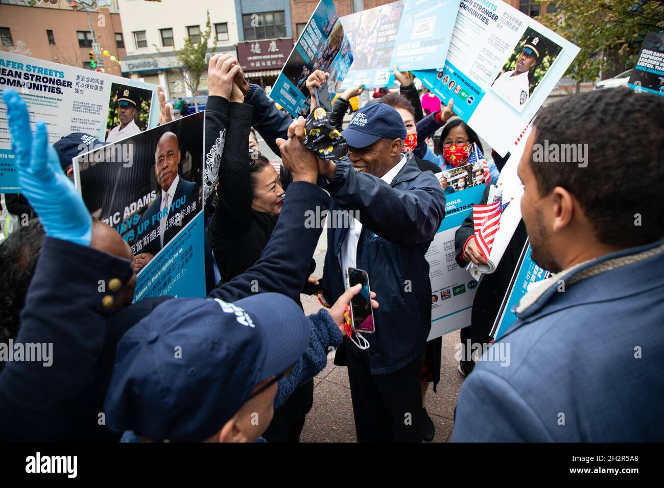 Mayoral candidate, Eric Adams seen with supporters as he tours and ...