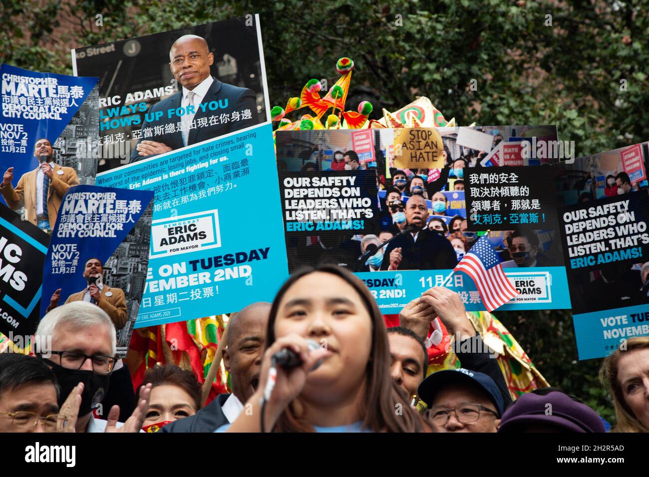 Campaign posters of Mayoral candidate, Eric Adams seen as he tours and ...