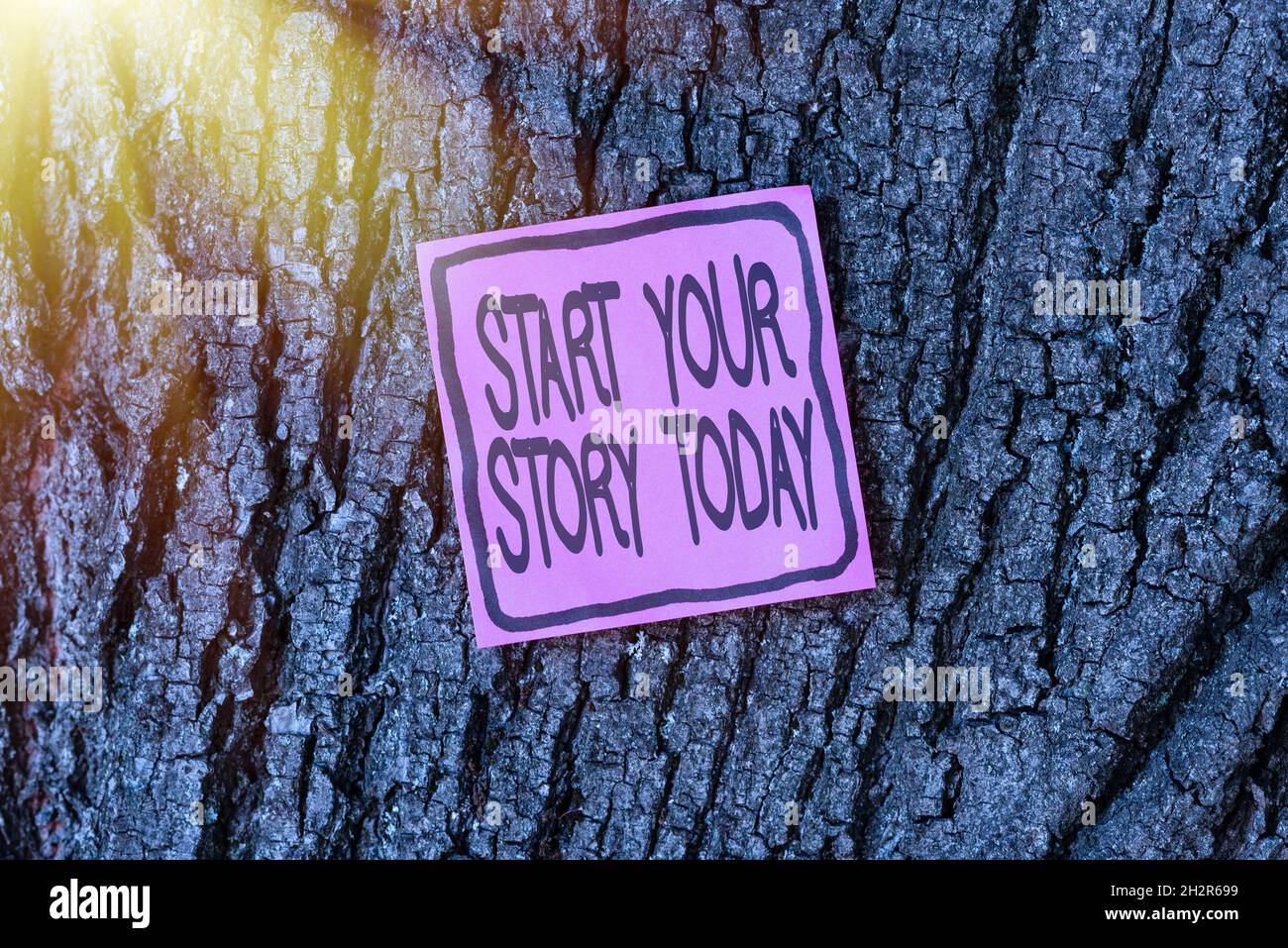 Text caption presenting Start Your Story Today. Word for work hard on ...