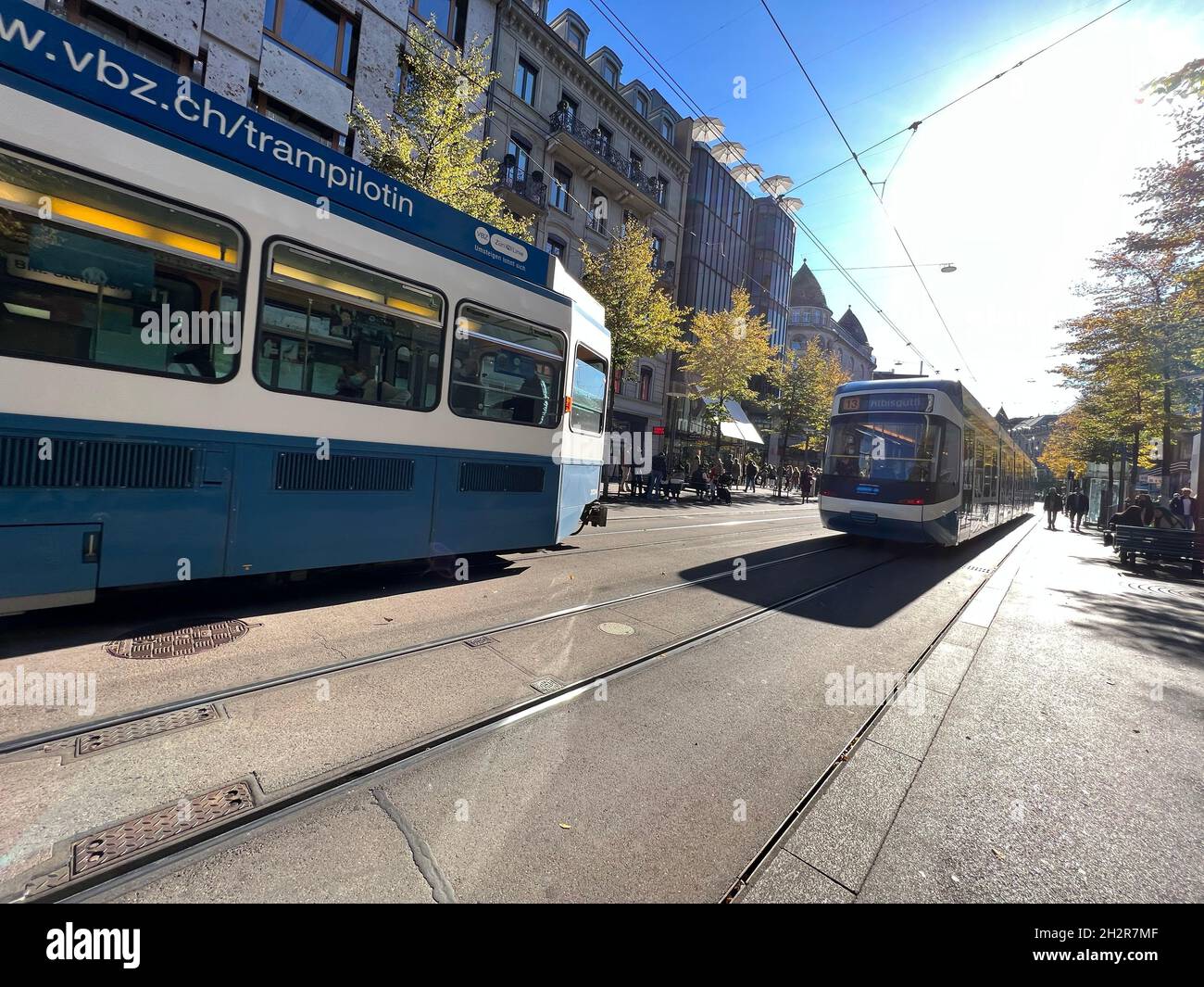 Two trams passing past each other in opposite directions on the main ...