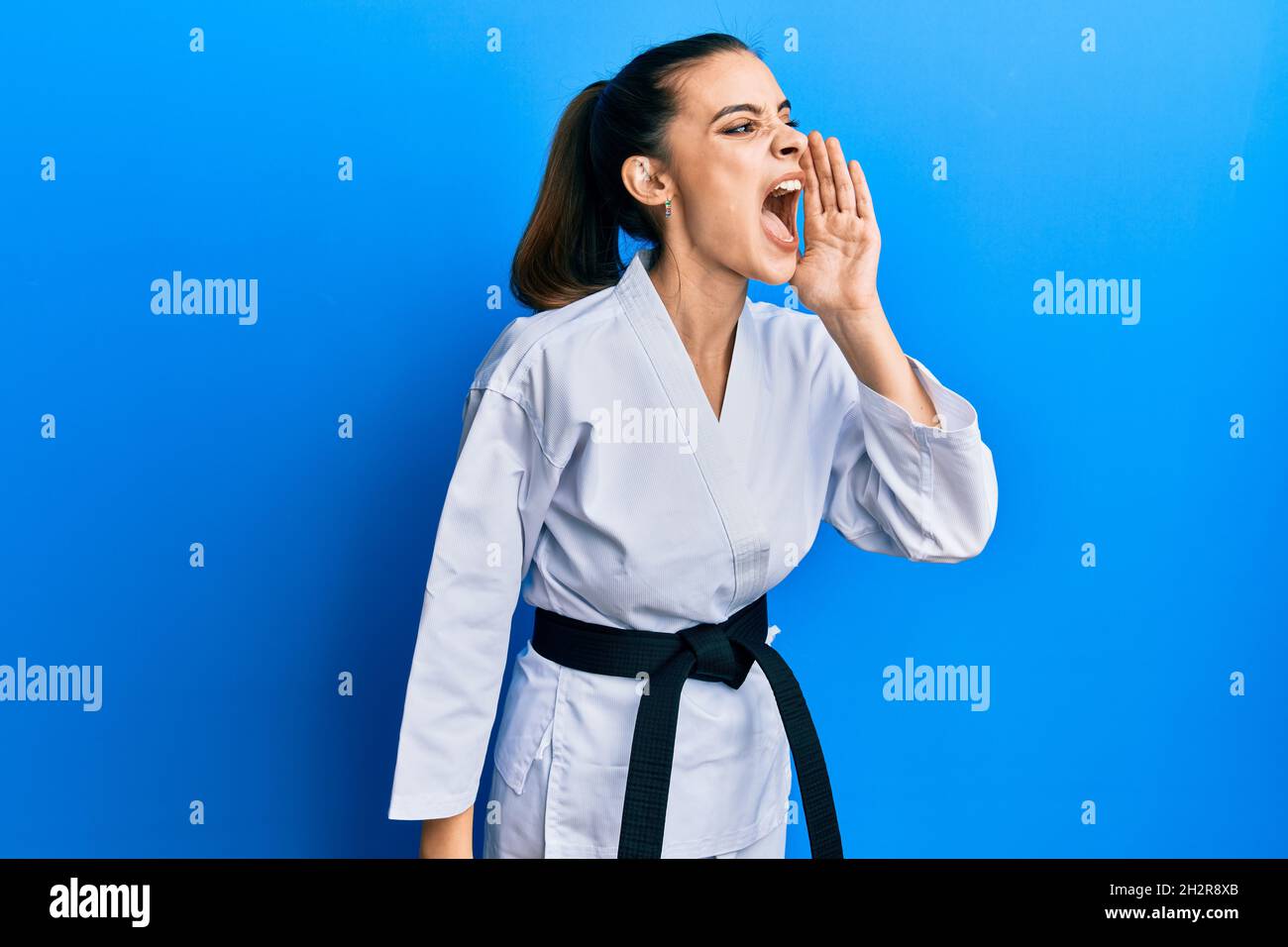 Beautiful brunette young woman wearing karate fighter uniform with ...
