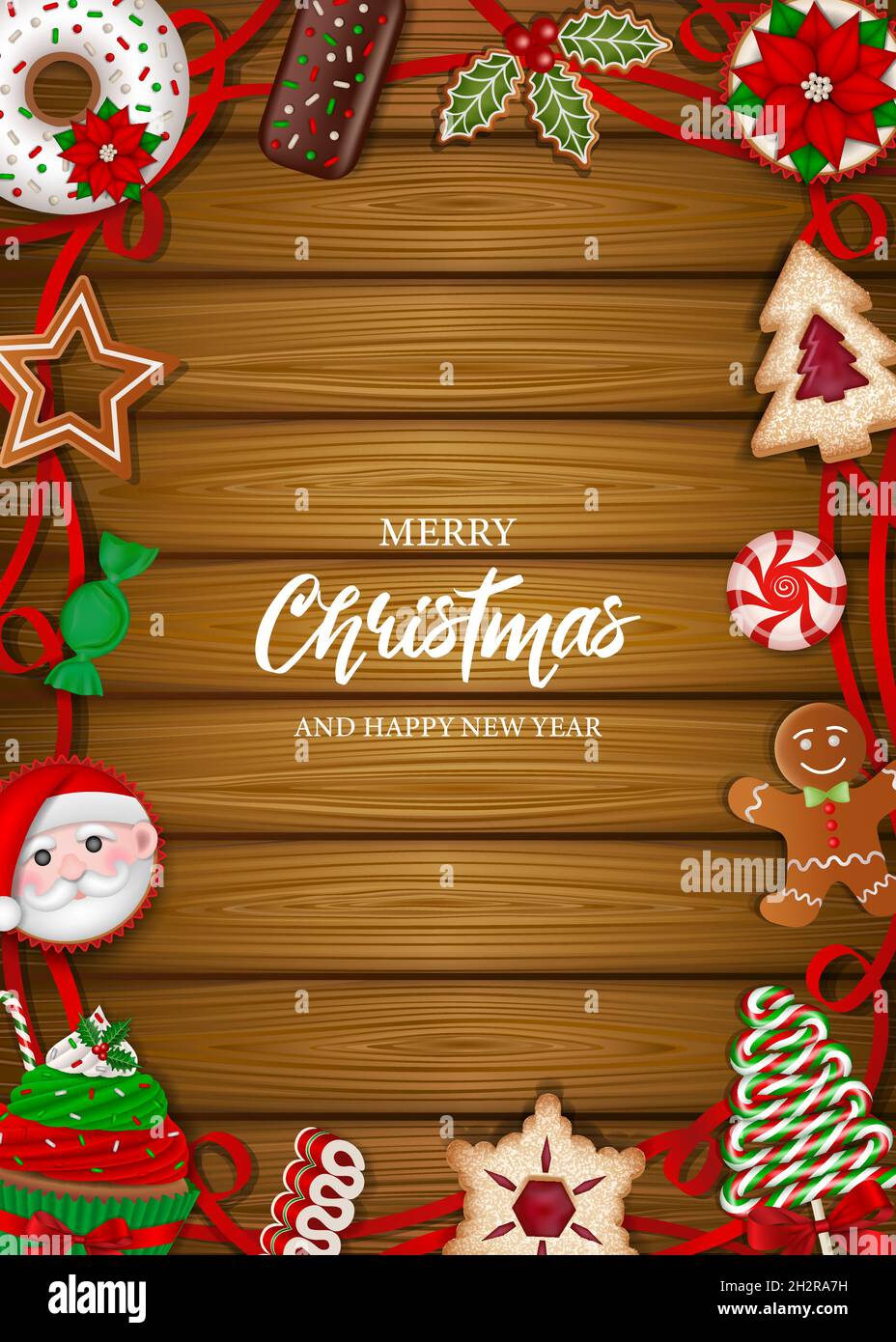 Merry christmas poster with cookies, candies and cakes on wooden ...