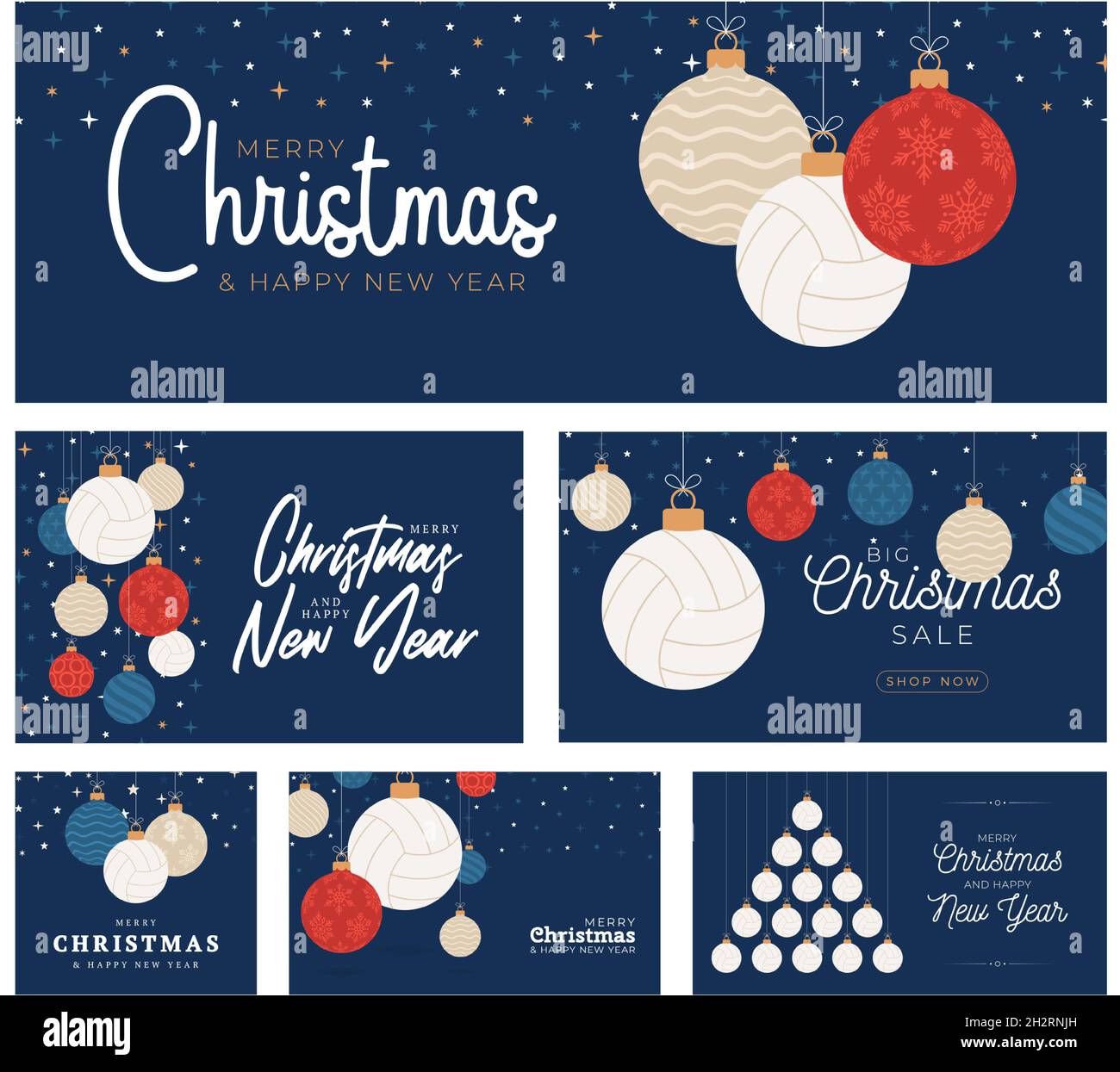 volleyball Christmas card set. Merry Christmas sport flat greeting card ...