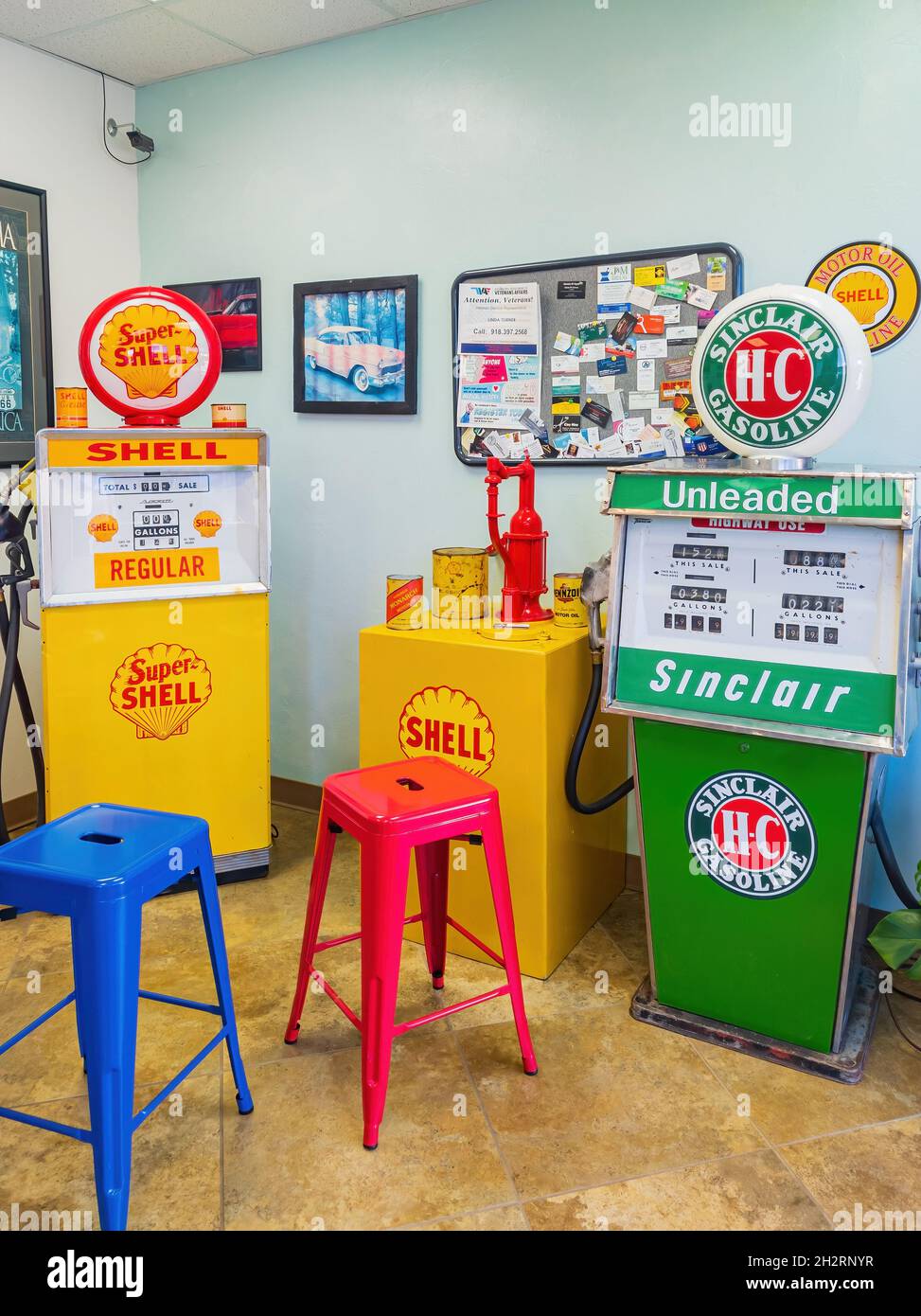Oklahoma, OCT 16, 2021 - Interior view of some antique vehicle related ...