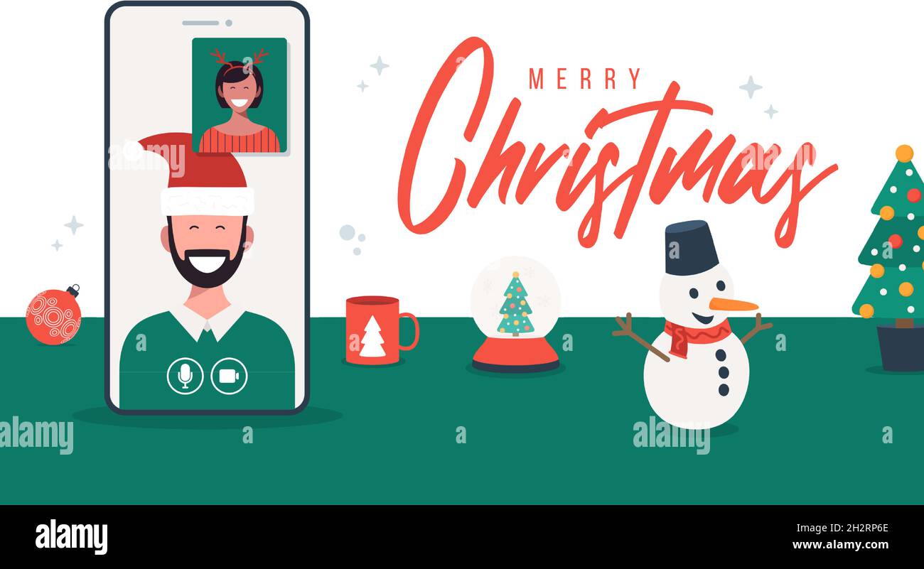 Online Christmas celebration illustration on phone. Merry Christmas ...