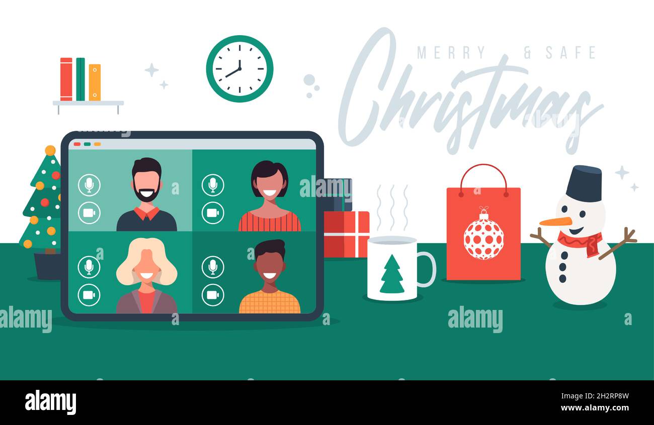 Online Christmas celebration illustration on tablet. Merry Christmas ...