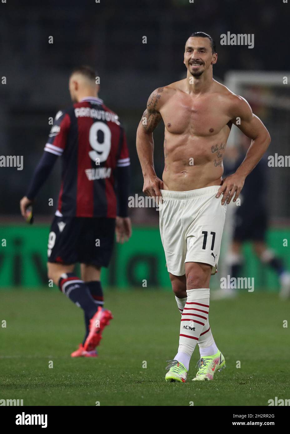 Bologna, Italy, 23rd October 2021. Zlatan Ibrahimovic of AC Milan makes his way to salute the ...