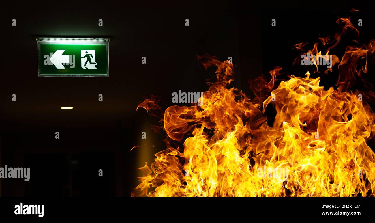 Green fire escape sign hang on the ceiling in the Warehouse. The ...