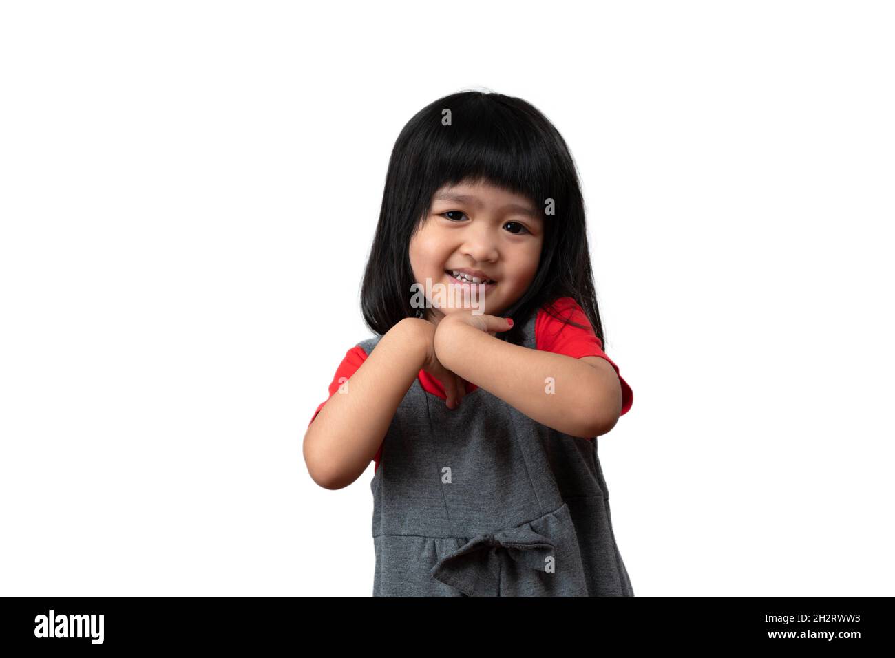 Portrait of happy and funny Asian child girl on white background, a ...
