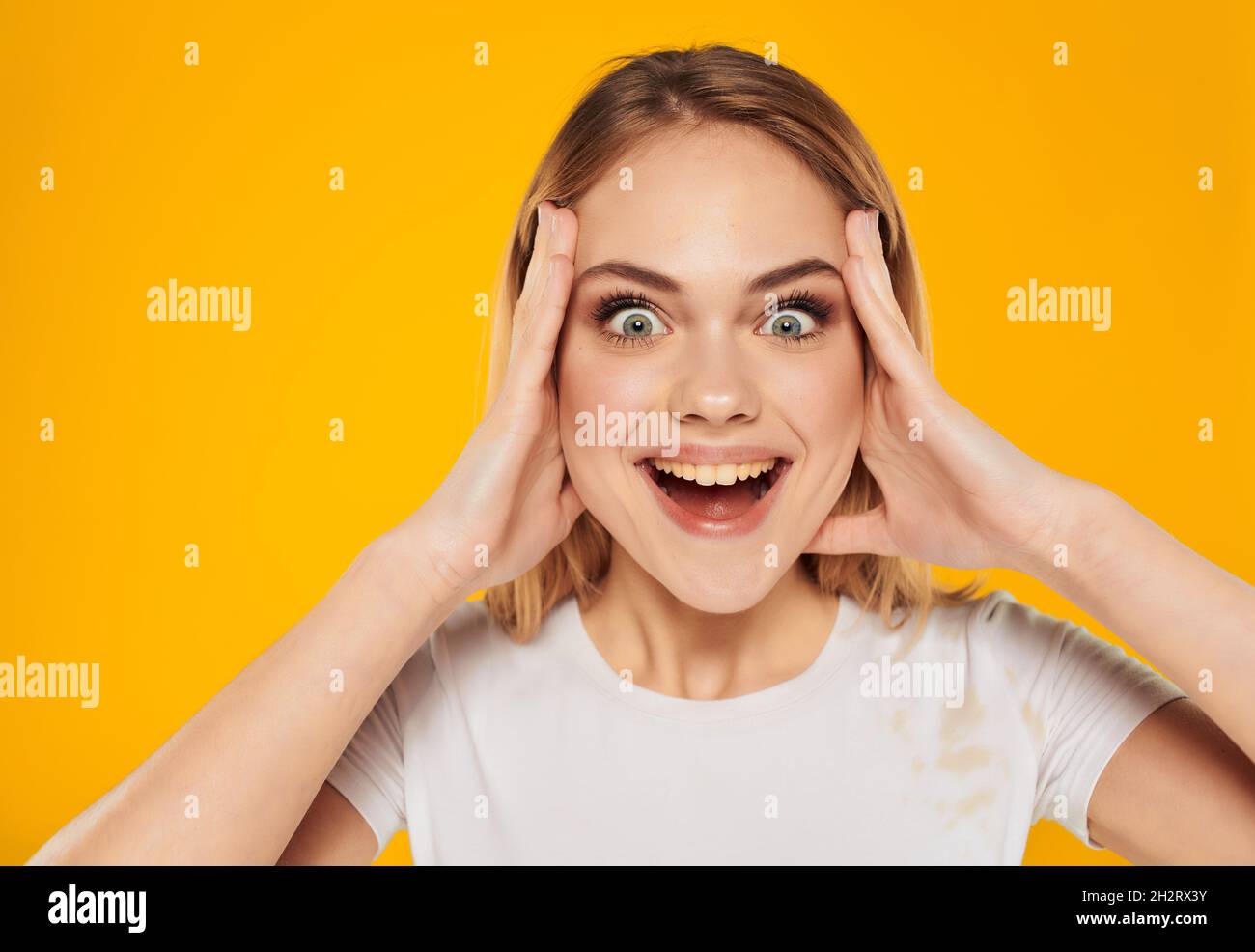 pretty woman in a white attractive look happy Lifestyle yellow ...