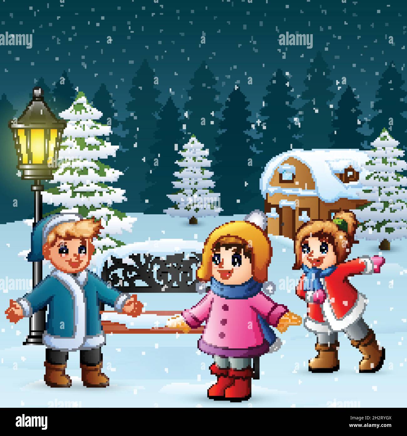 Happy kids play in winter background Stock Vector Image & Art - Alamy