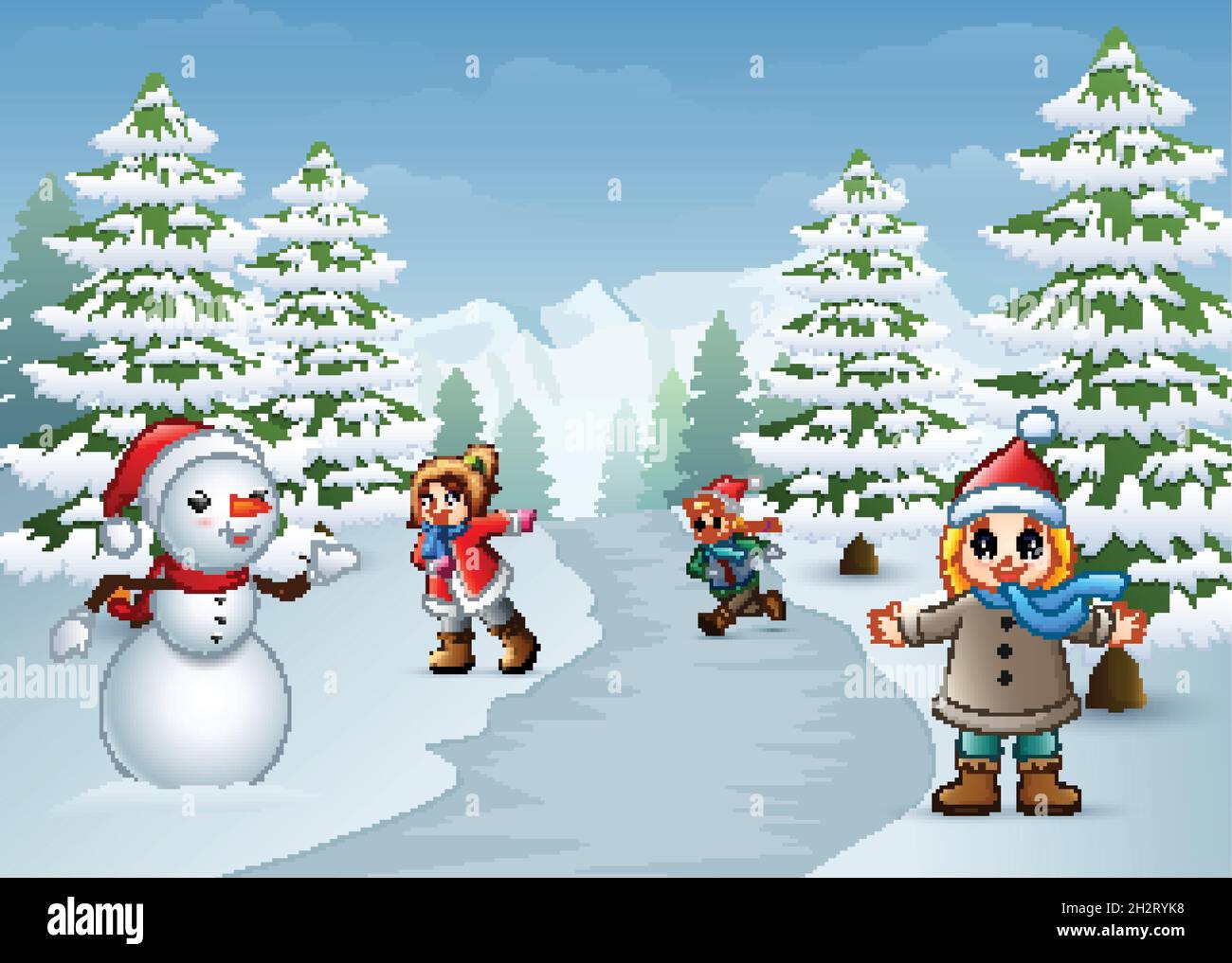 Happy kids playing with a snowman in winter Stock Vector Image & Art ...