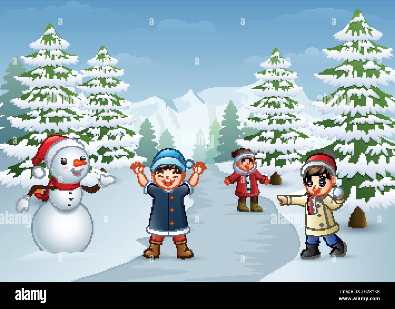 Happy kids playing with a snowman in winter Stock Vector Image & Art ...