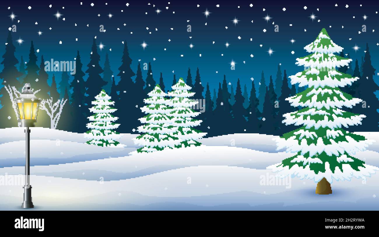 Cartoon of winter night background with pine trees and street lamp at ...
