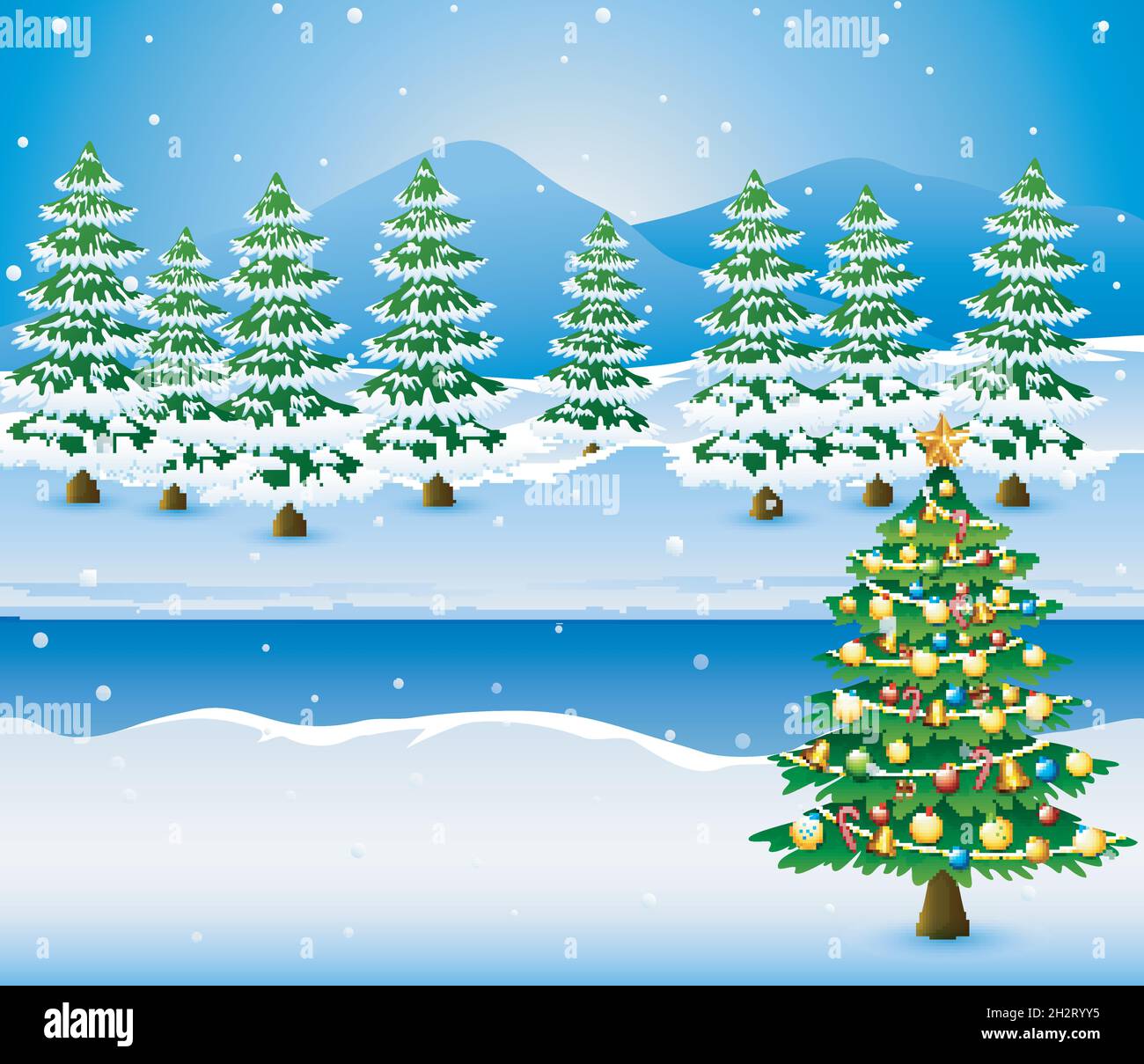 Christmas tree decorated with a pine trees background in the winter ...