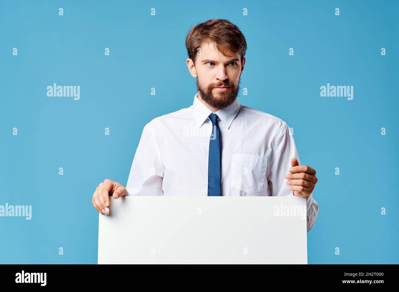 manager advertising white banner presentation blue background Stock ...