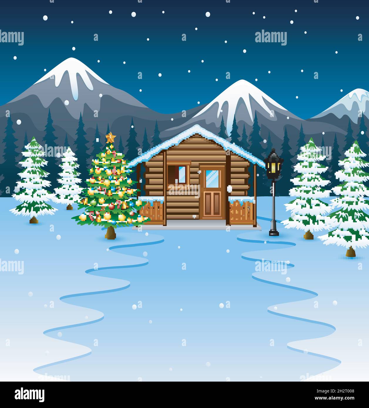 Cartoon of wooden house with christmas tree Stock Vector Image & Art ...