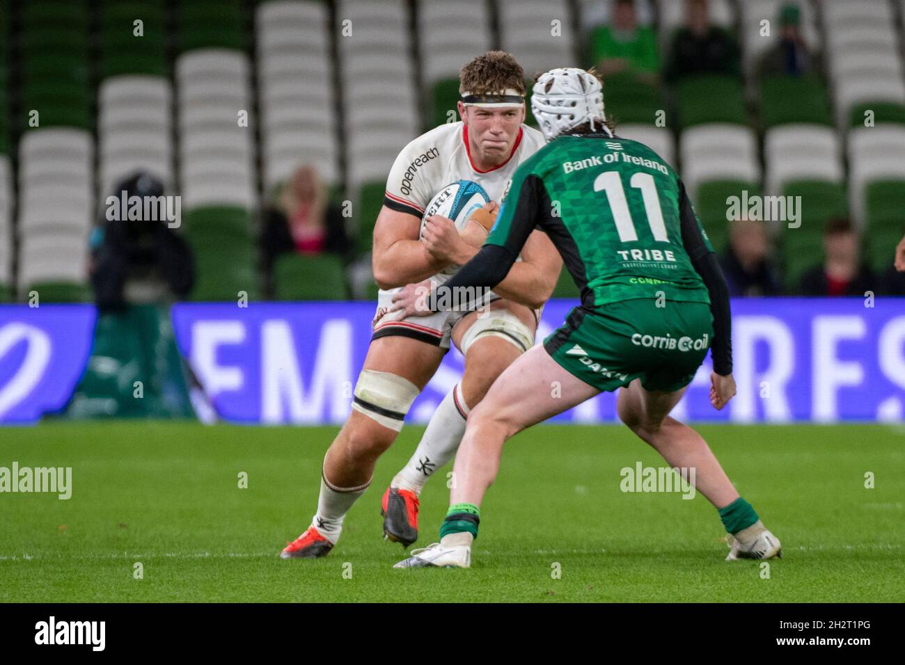 Dublin, Ireland. 24th Oct, 2021. Matty REA of Ulster tackled by Mack ...